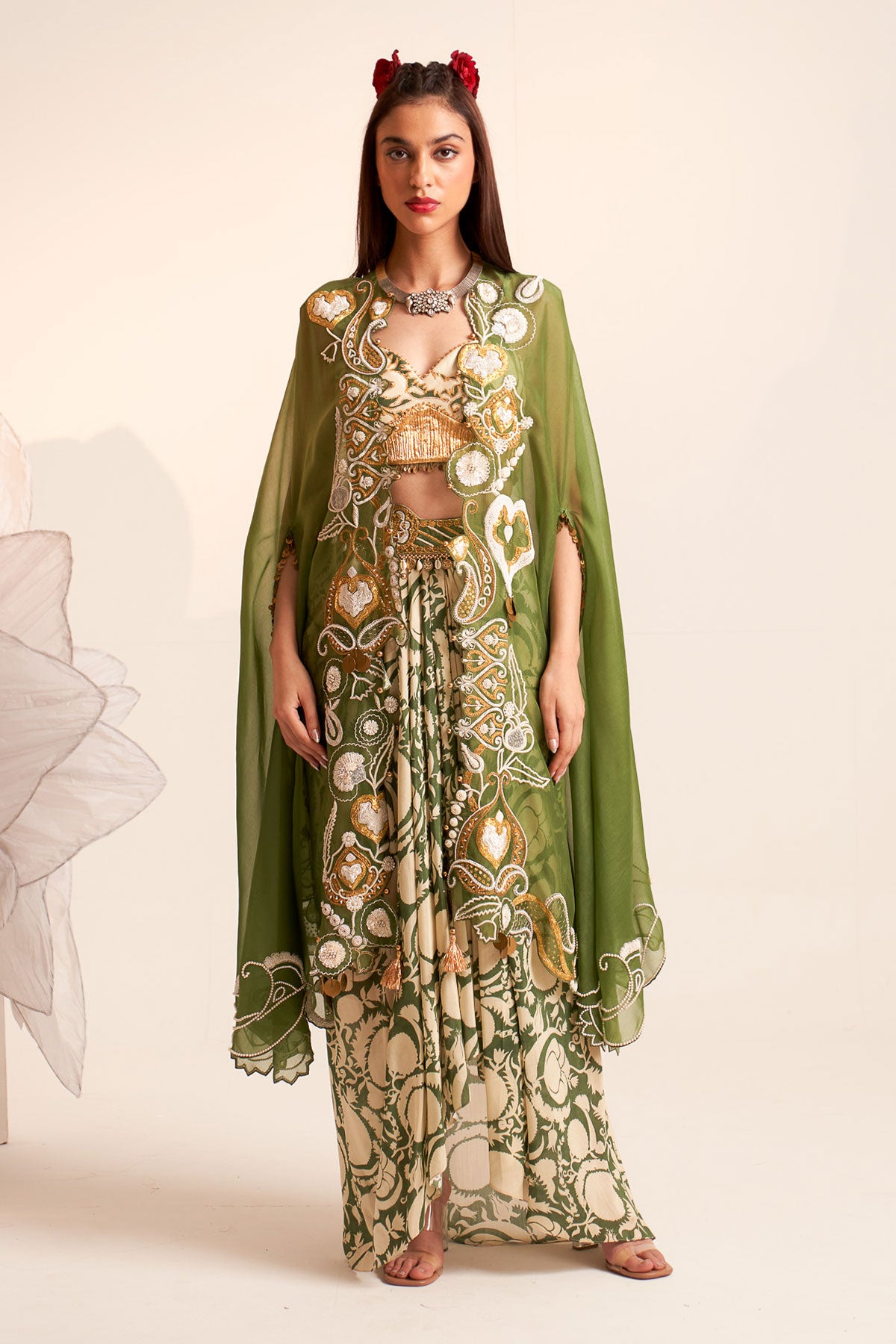 Green Organza & mulmul Cape & drape set